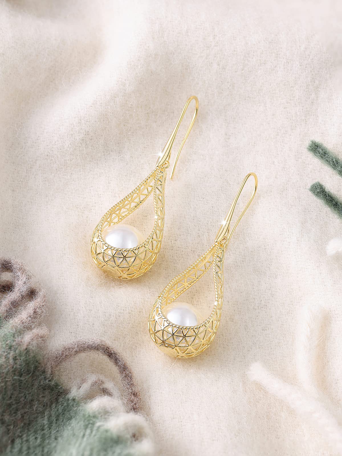 Big White Pearl Dangle Pierced Earrings for Women (White-14K Gold)