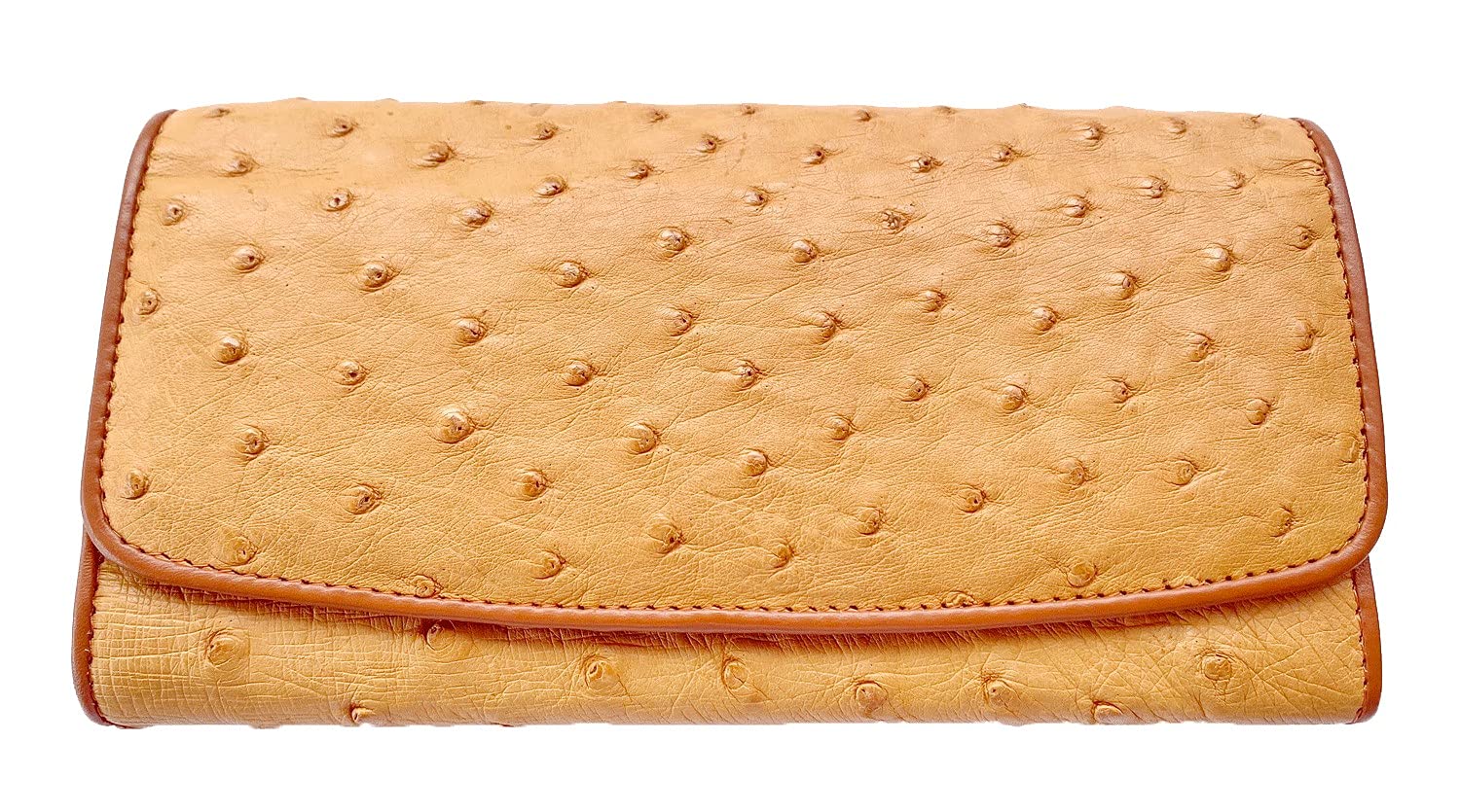 Julie Genuine Real Ostrich Skin Leather Trifold Clutch Long Golden Tan Wallet