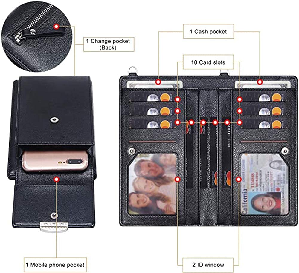 Small Crossbody Bag Long Cell Phone Purse Bag Wallet with Credit Card Slots Women Student Diagonal Wallet Multi-function Shoulder Bag (Black)