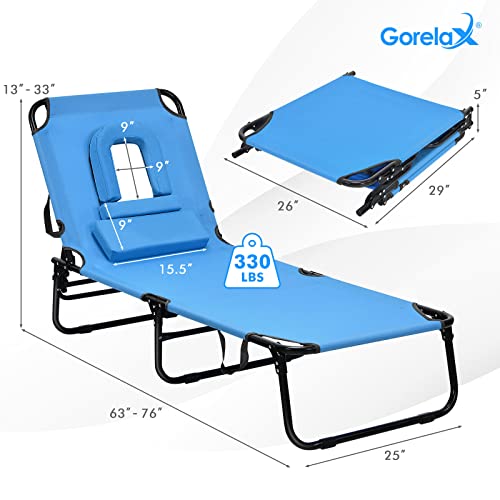 Giantex Chaise Folding Chair Adjustable Beach Patio Lounge Recliner, Blue