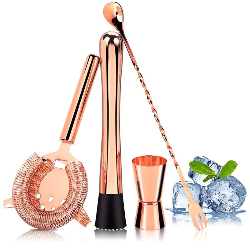Cocktail Tools, JUSTDOLIFE Stainless Rose Gold Mixing Spoon Double Jigger with Cocktail Ice Muddler and Cocktail Bar Strainer for Home Bar Cocktail Drinks