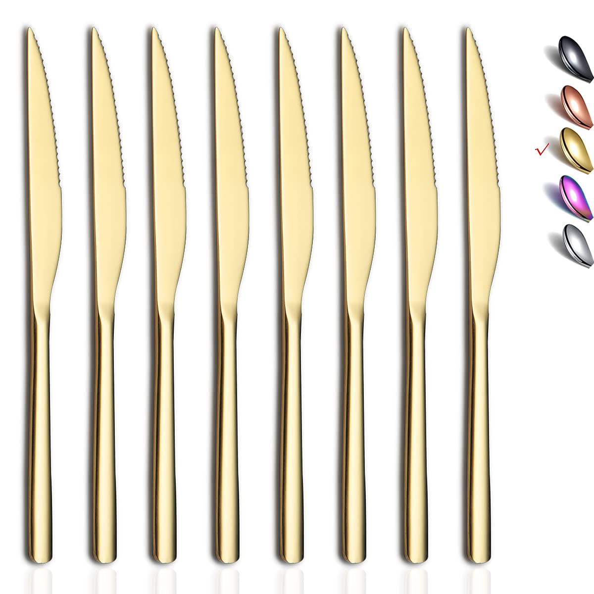 HOMQUEN Gold Steak Knives, 8 Piece Premium Stainless Steel Steak Knife Set, Meat Knife Sets, German Steak Knives Serrated, Tomato Knife, For Home, Kitchen or Restaurant, Dishwasher Safe (9.2 Inch)