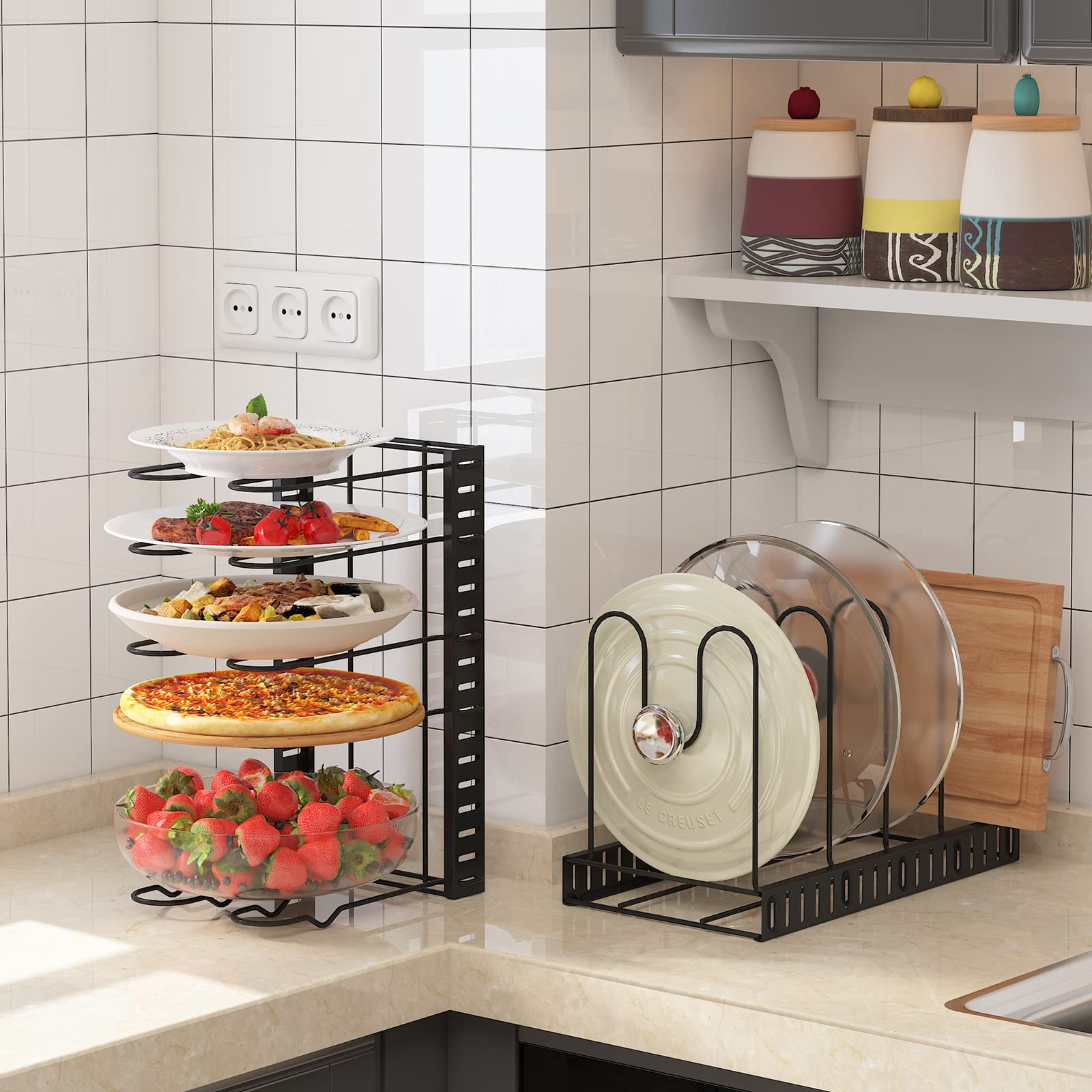 bukfen Pot and Pan Organizer for Cabinet, pot organizer rack for under cabinet, One Side Pot Racks, 5 Tiers, Black