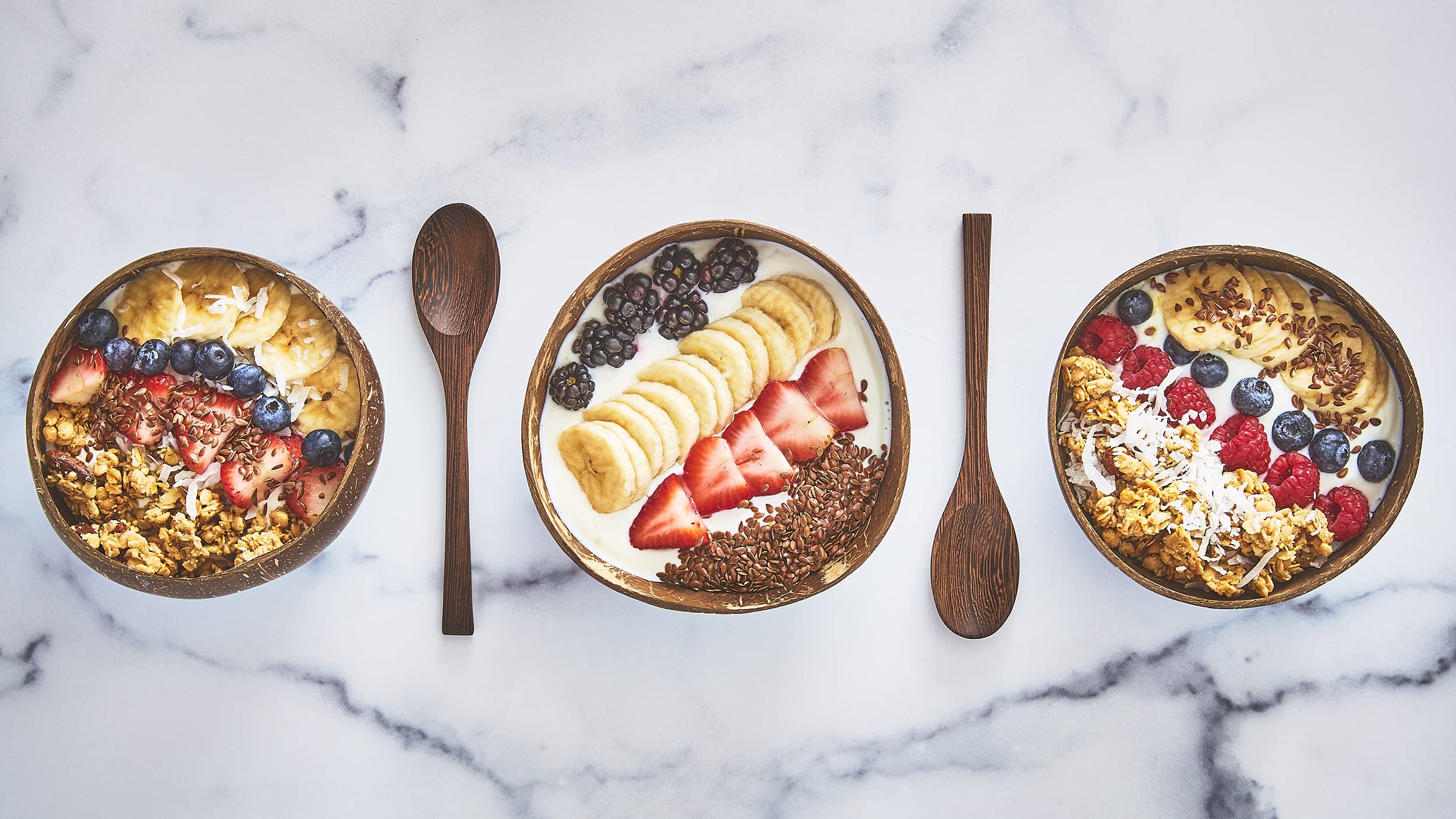 Coconut Bowls and Coconut Spoons Gift Set (Set of 4 Coconut Bowls + 4 Wooden Spoons) - 100% Natural - Vegan - Hand Made - Eco Friendly - Made from Reclaimed Coconut Shells - Bowls For Eating