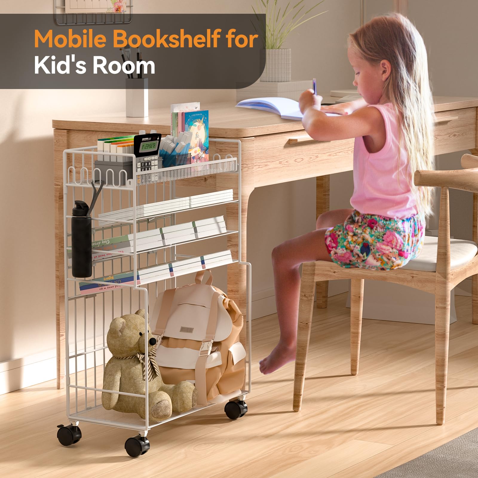 FIROK Rolling Bookcase with Wheels,Heavy Duty Mobile Bookshelf Storage Cart for Students, Metal Frame Book Shelf Organizer for Home,Office,Living Room - White