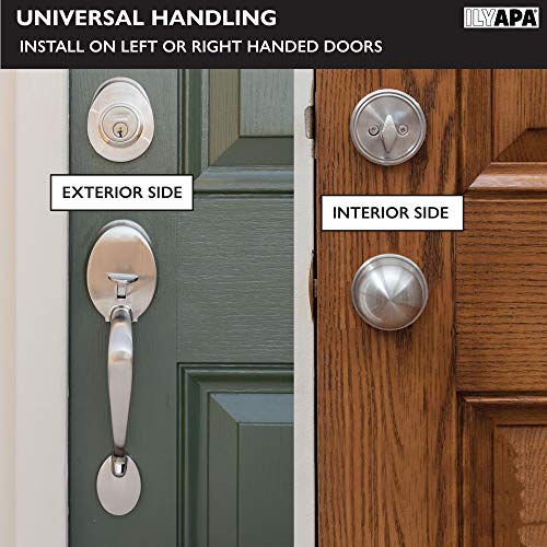 Ilyapa Front Entry Door Exterior Handleset - Classic, Satin Nickel Low Profile Door Lock Set Handle with Single Cylinder Deadbolt and Halifax Lever