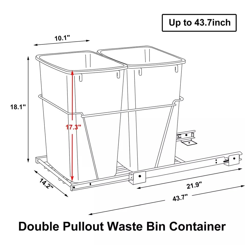 Denominate Double Pullout Kitchen Trash Can - Under Counter Sliding Waste Bin - 35 Quarts Capacity - Space-Saving Storage Solution