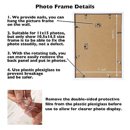 JCJMY 11x15 inch Picture Frame, Horizontal and Vertical Formats for Wall Hanging, 11 x 15 Wall Gallery Poster Photo Frame with Durable Shatter Resistant Plexiglass, White