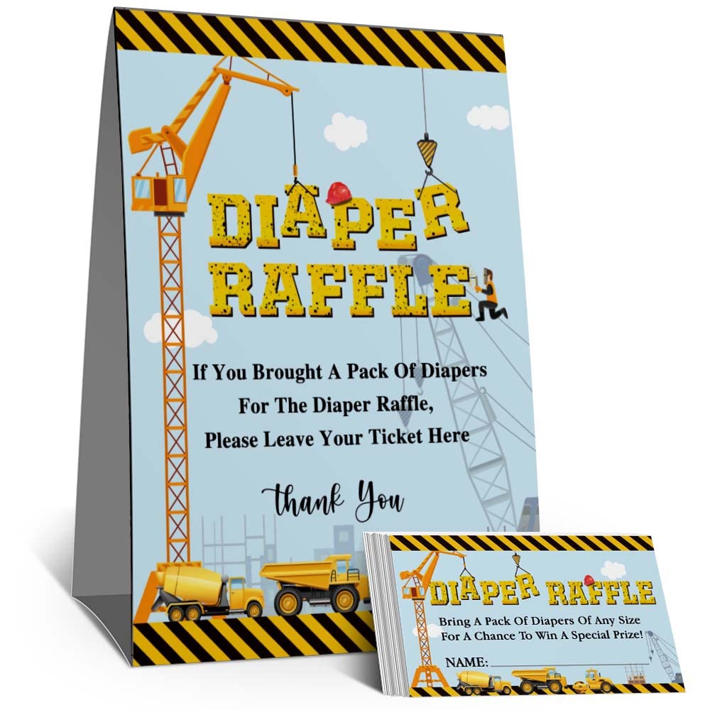 Diaper Raffle Sign, Diaper Raffle Baby Shower Game Kit (1 Standing Sign + 50 Guessing Cards), Construction Theme Insert Ticket,Baby Showers Decorations