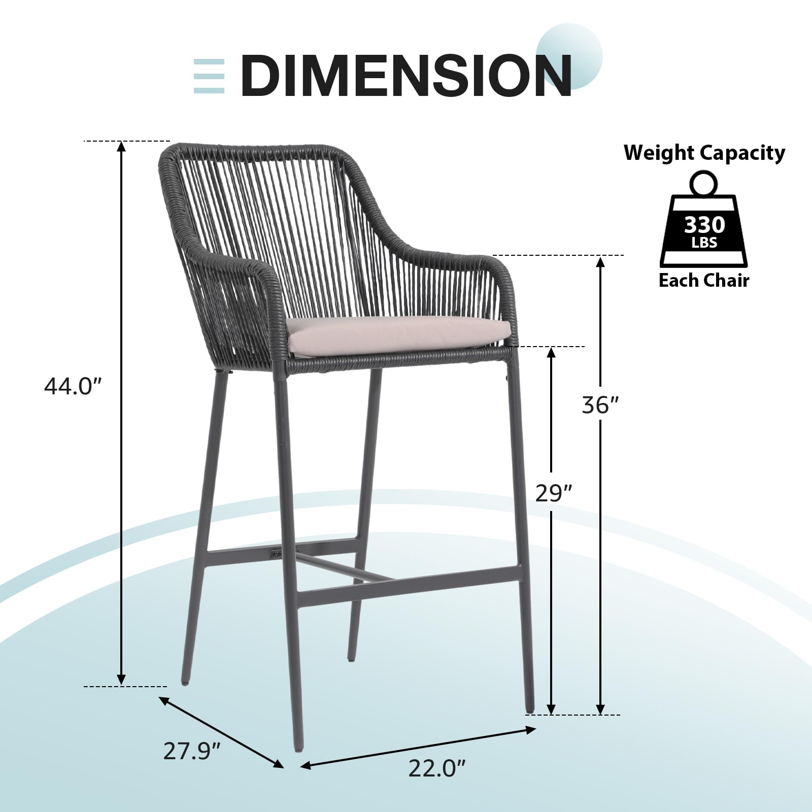 COBANA Outdoor Bar Stools Set of 2, Bar Height Patio Chairs with High Back, Footrest and Armrest, Beige