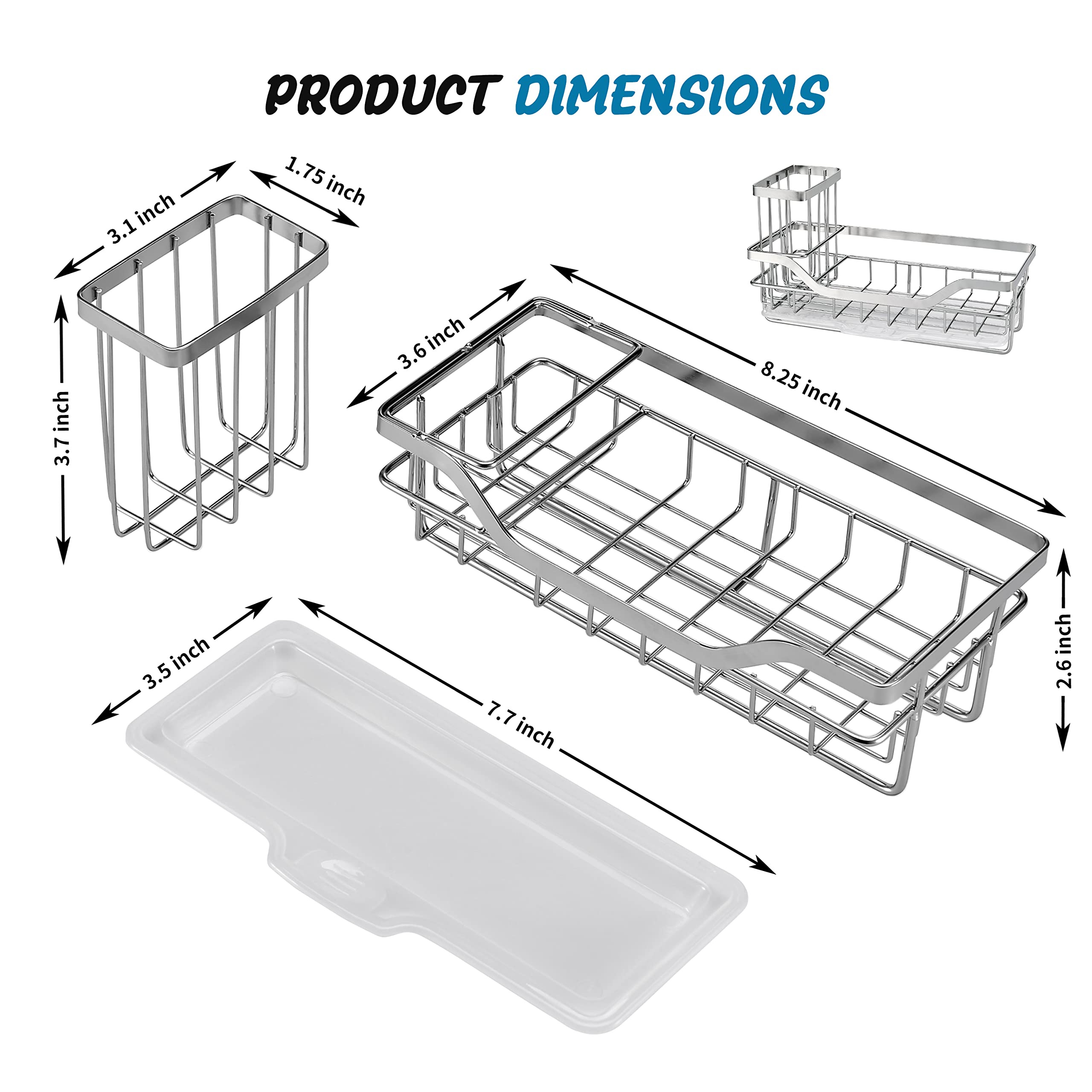 COCOBOSS Sink Caddy Kitchen Sink Organizer, Sponge Holder for Kitchen Sink Premium Stainless Steel Rustproof with Removable Drip Tray and Anti-Slip Bar - Silver(8.5 x 3.6 x 4.9 in)