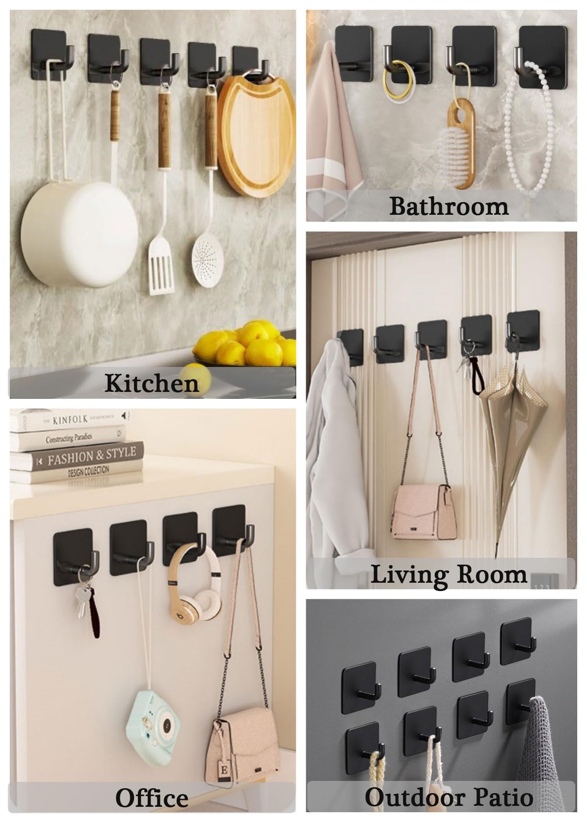 EDMILE Adhesive Hooks for Hanging, EDMILE Wall Hooks Self Adhesive Key Hat Coat Hooks, Stick on Bathroom Towel Hooks, Utility No Drill Hooks for Shower Kitchen Door Outdoor Home 8 Pack, Black