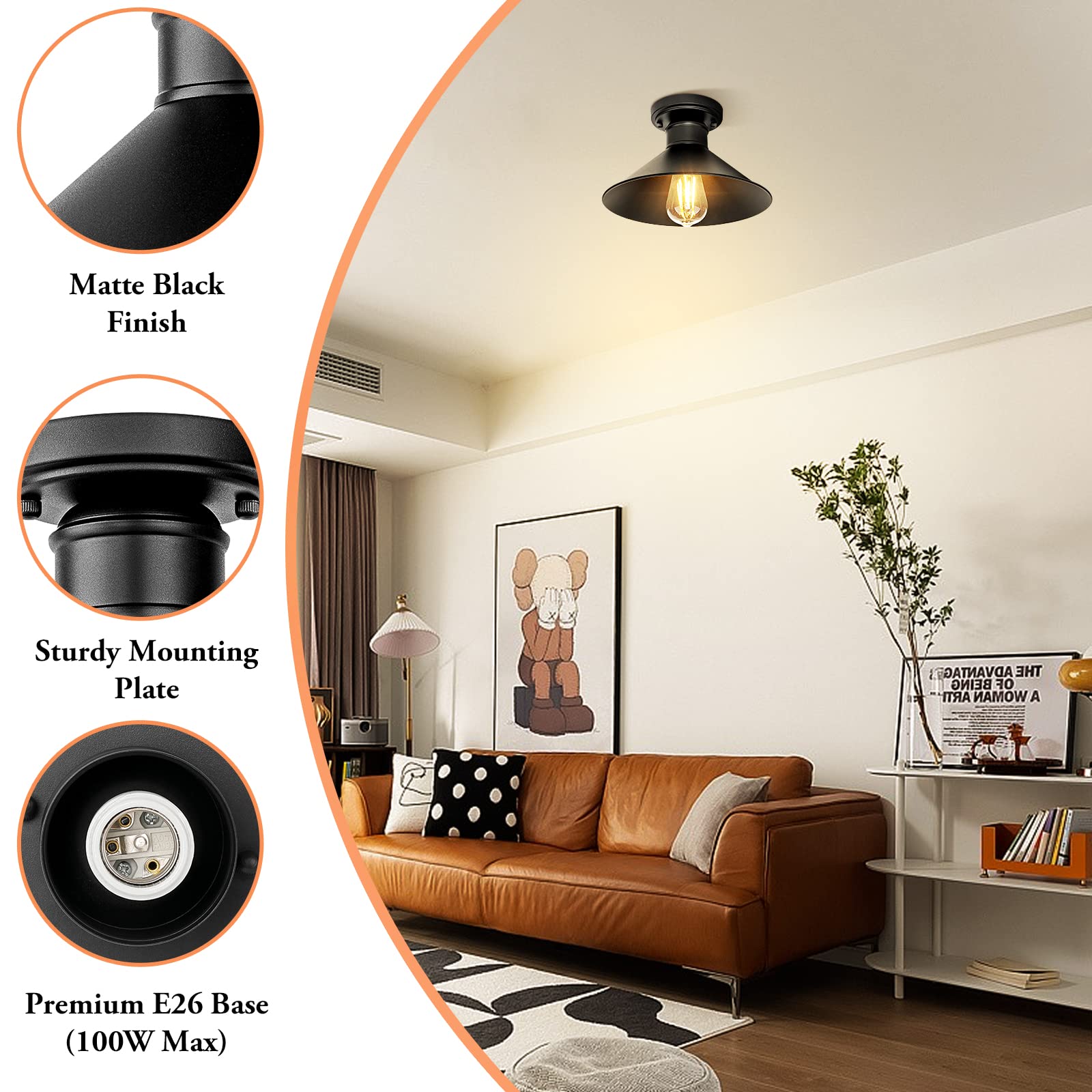 Brightever 2-Pack Industrial Semi Flush Mount Ceiling Lights, Matte Black Farmhouse Light Fixtures, Close to Ceiling Lights for Kitchen, Laundry Room, Entryway, Hallway E26 Base, Bulb not Included