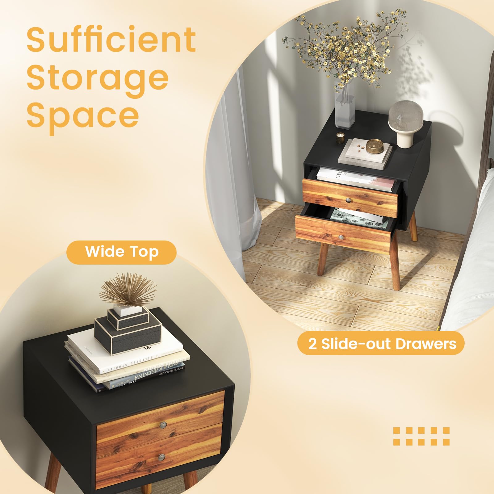 Giantex Nightstand with 2 Drawers Set of 2, Mid Century Modern Bedside Table with Solid Wood Legs, Practical End Side Table for Living Room Bedroom Small Space, Night Stand, Black & Walnut