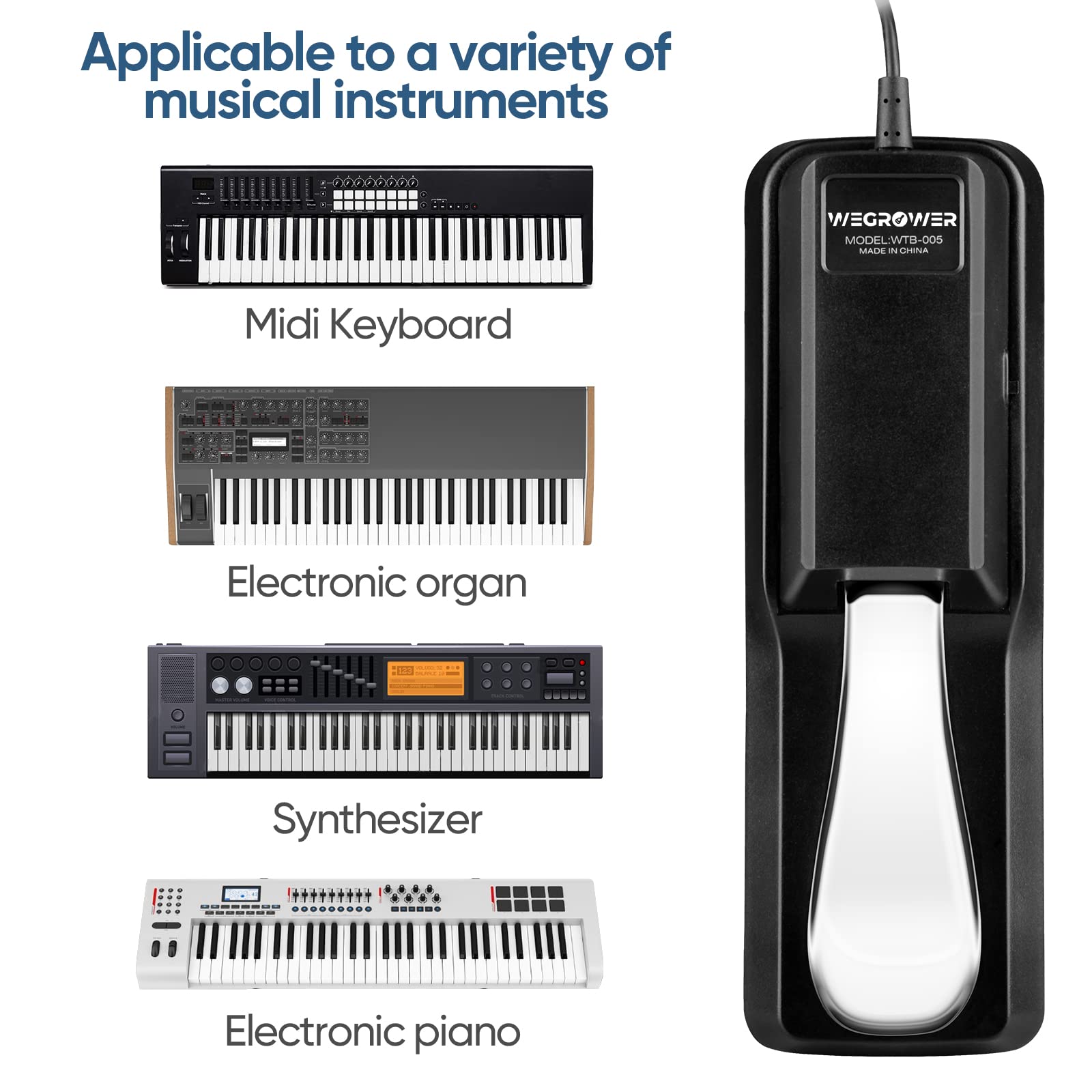 Sustain Pedal Universal with Polarity Switch by Wegrower for Keyboards, Digital Piano, MIDI and Synthesizer