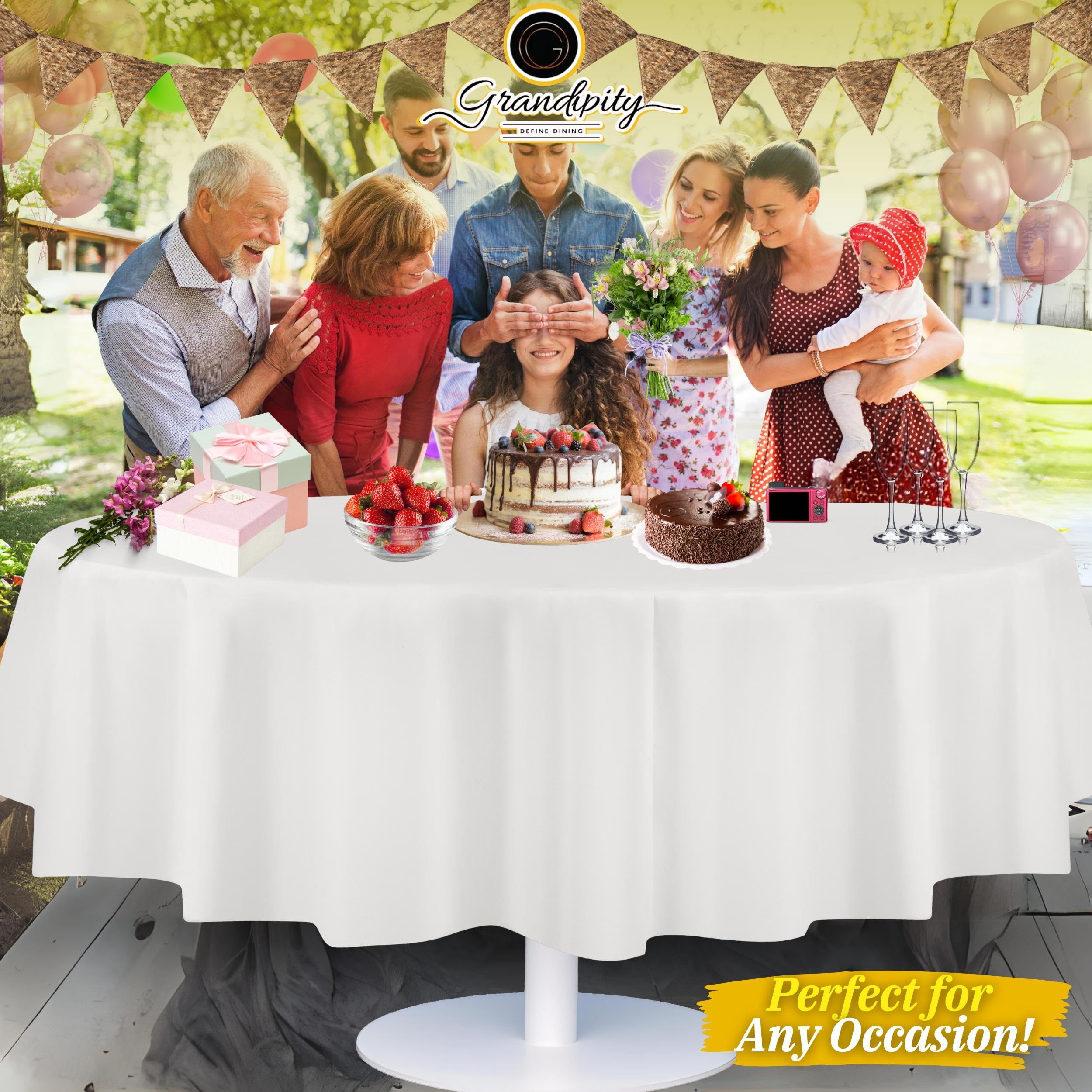 Grandipity White Plastic Table Cloth Disposable (6 Pk) 84in Round Tablecloth Premium Party Table Cloths Disposable - Perfect Table Cloth Round Cover For Any Table Up To 6 Feet