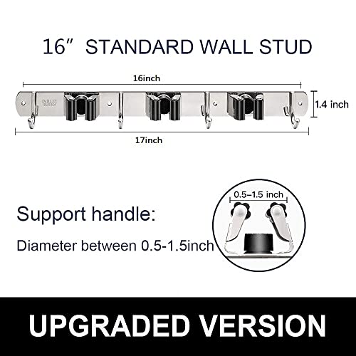 IMILLET Broom and Mop Holder Wall Mounted, Stainless Steel Broom Holder Mop Holder Self Adhesive Heavy Duty Hooks Storage Organizer for Home Laundry Room Garden Garage(3 Racks with 4 Hooks)