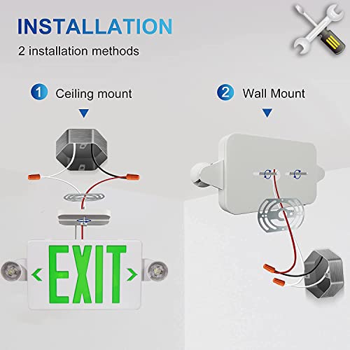 Green LED Exit Sign Emergency Light Combination Adjustable Two Heads and Battery Backup, US Standard Commercial Emergency Exit Lighting, Fire Resistant UL 924 AC 120/277V (8-Pack)