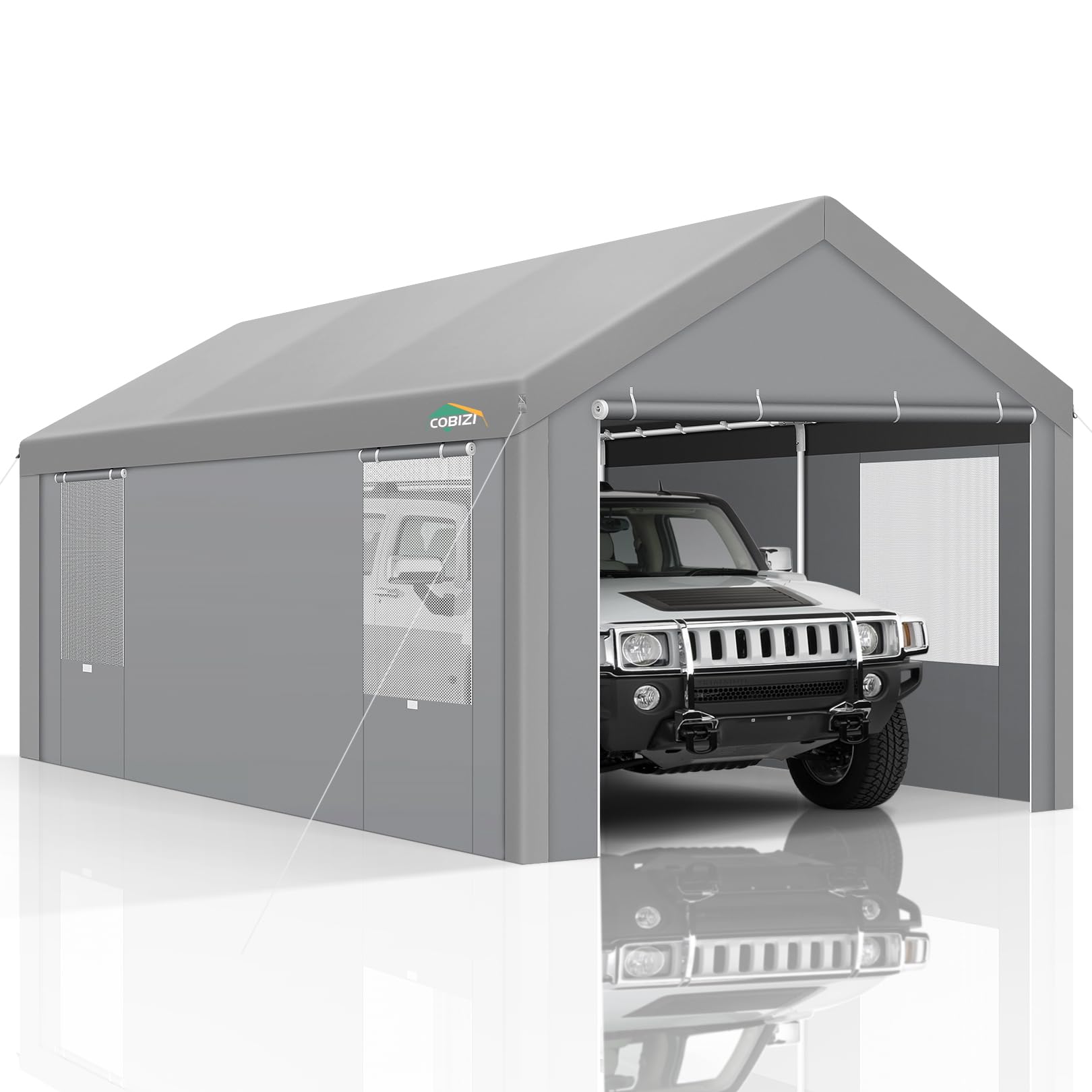 COBIZI Carports 10x20 Heavy Duty Car Canopy Garage with Roll-Up Ventilation Windows & Doors, Removable Sidewalls Portable Carport Canopy Waterproof with Built-in Sandbags for Cars, Boats, Trucks, Gray