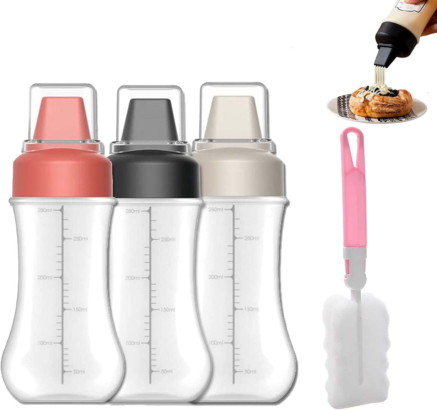 CASSAM 5 Hole Condiment Squeeze Bottle with Cleaning Brush 3-Pack Multicolor Bundle
