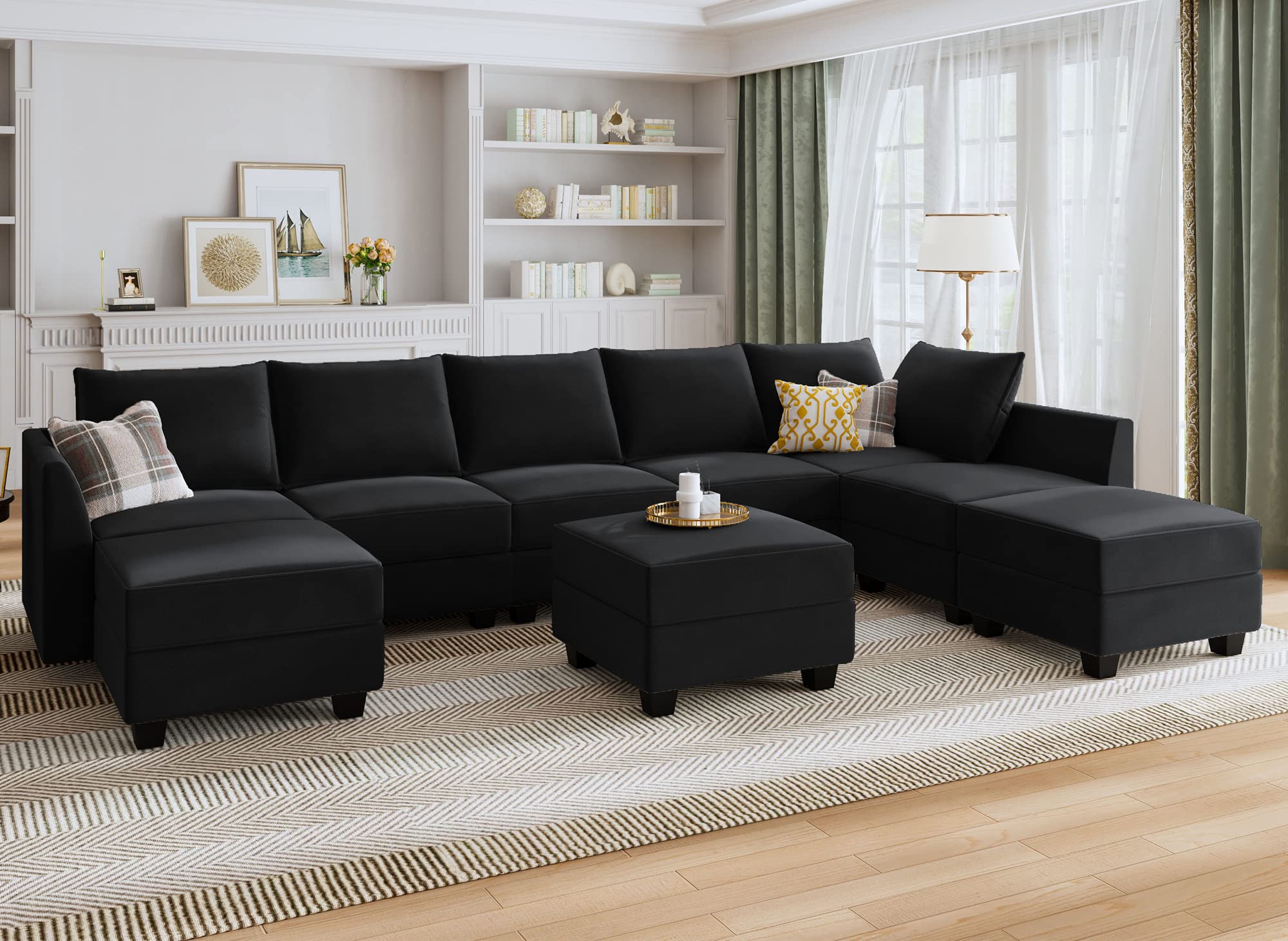HONBAY Modular Sectional Sofa Set Oversized U Shaped Couch with Storage Ottoman Convertible Sleeper Sectional Sofa Velvet Modular Couch with Wide Chaise, Black