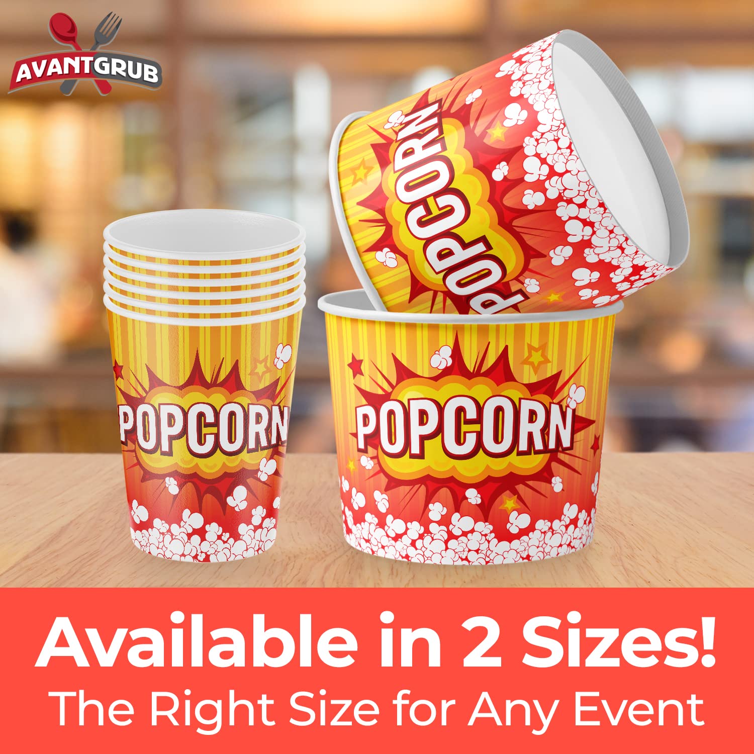 Greaseproof Retro 85oz Popcorn Buckets 25 Pk. Reusable and Durable Pop Corn Tubs in Red Yellow. Large Disposable Containers Perfect For Movie Night, Theme Party, Theater, Carnivals & Fundraisers.