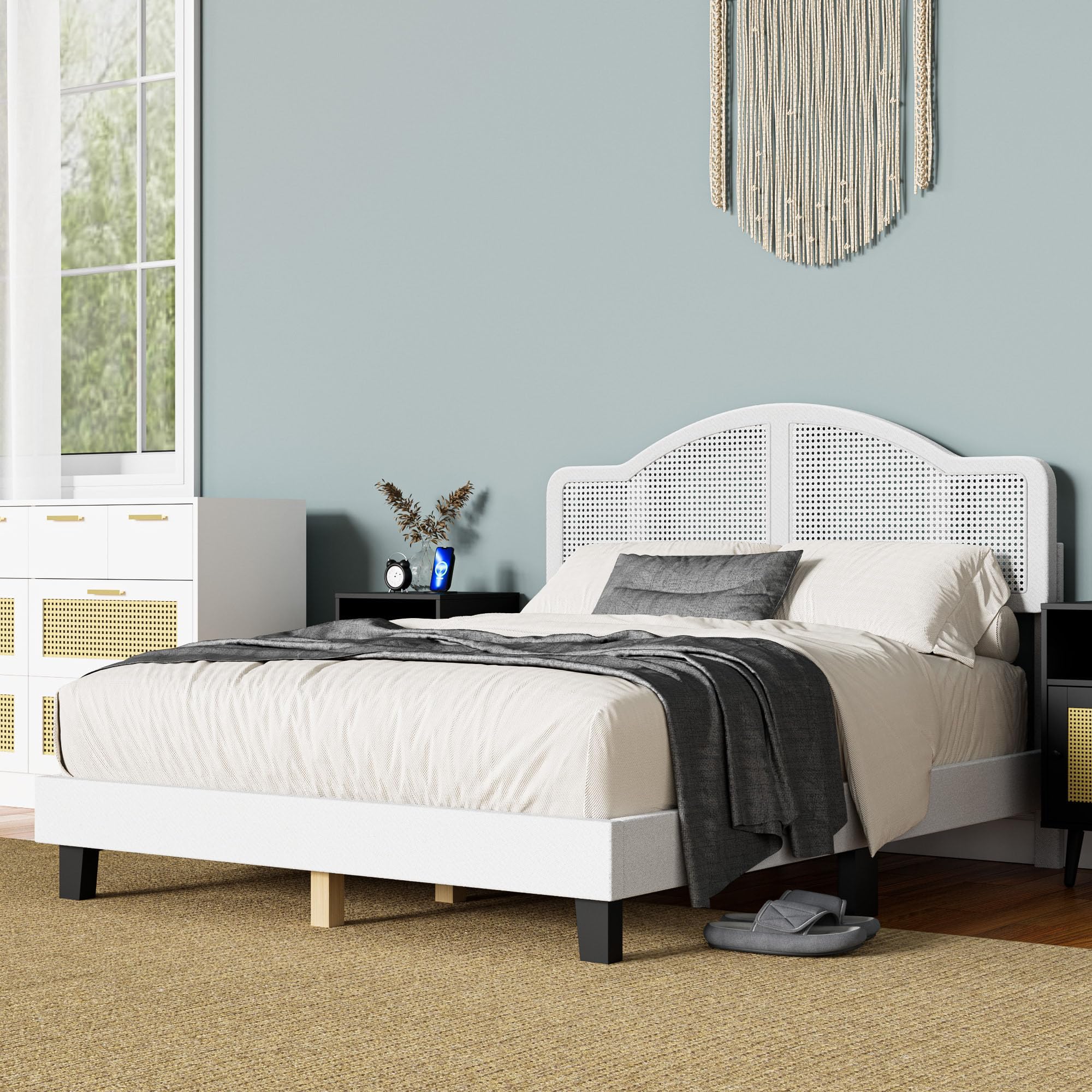 Cozy Castle Rattan Queen Size Bed Frame with Adjustable Headboard and Sturdy Slats Support, Boho Queen Platform Bed Frame, No Box Spring Needed, White