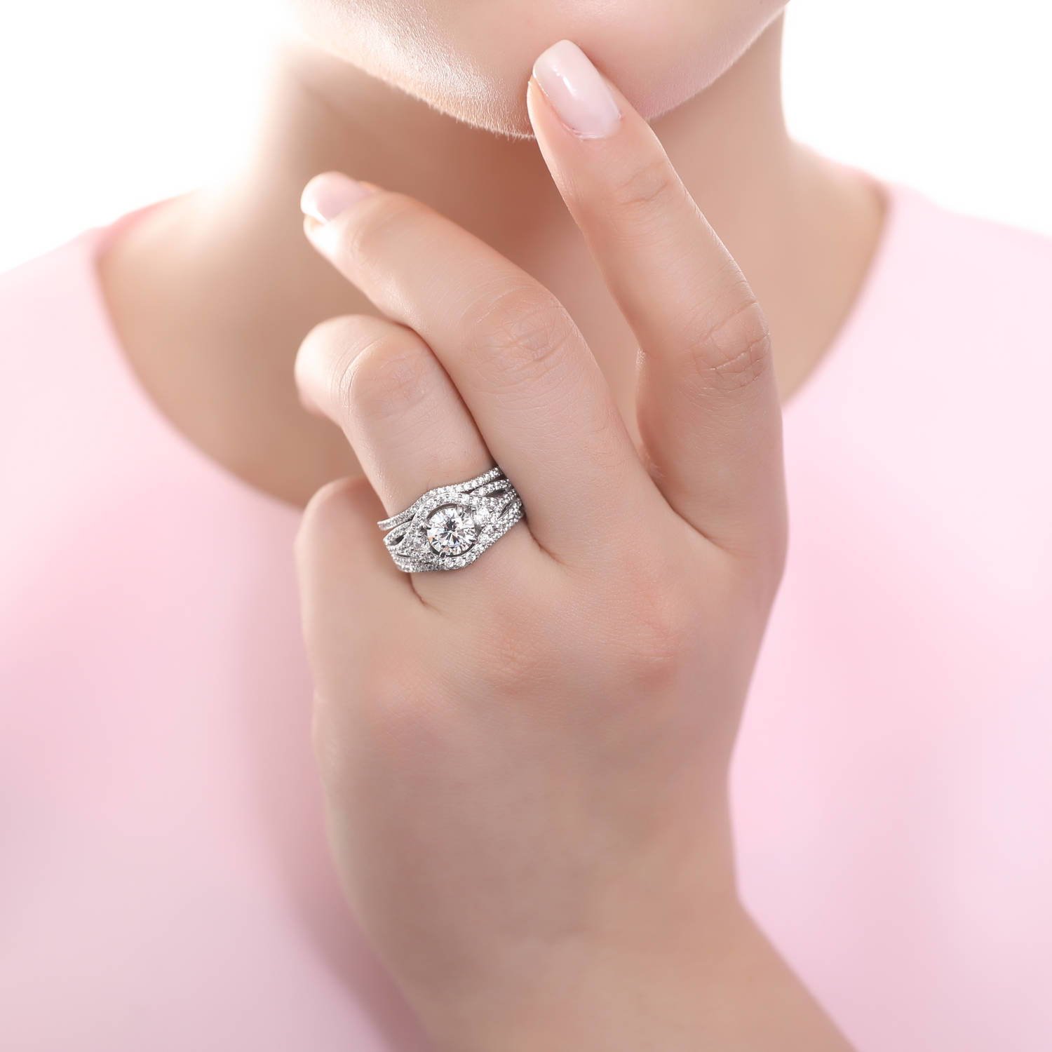 BERRICLE Sterling Silver 3-Stone Wedding Engagement Rings Round Cubic Zirconia CZ Ring Set for Women, Rhodium Plated Size 8.5