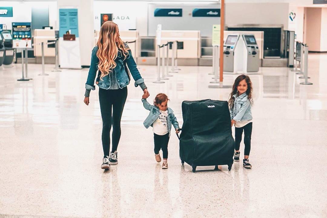 Car Seat Travel Bag with Wheels by Hello Jolie | Includes Add a Bag Luggage Strap | All Around Padding for Infant or Convertible Carseat | Water Resistant (Navy)