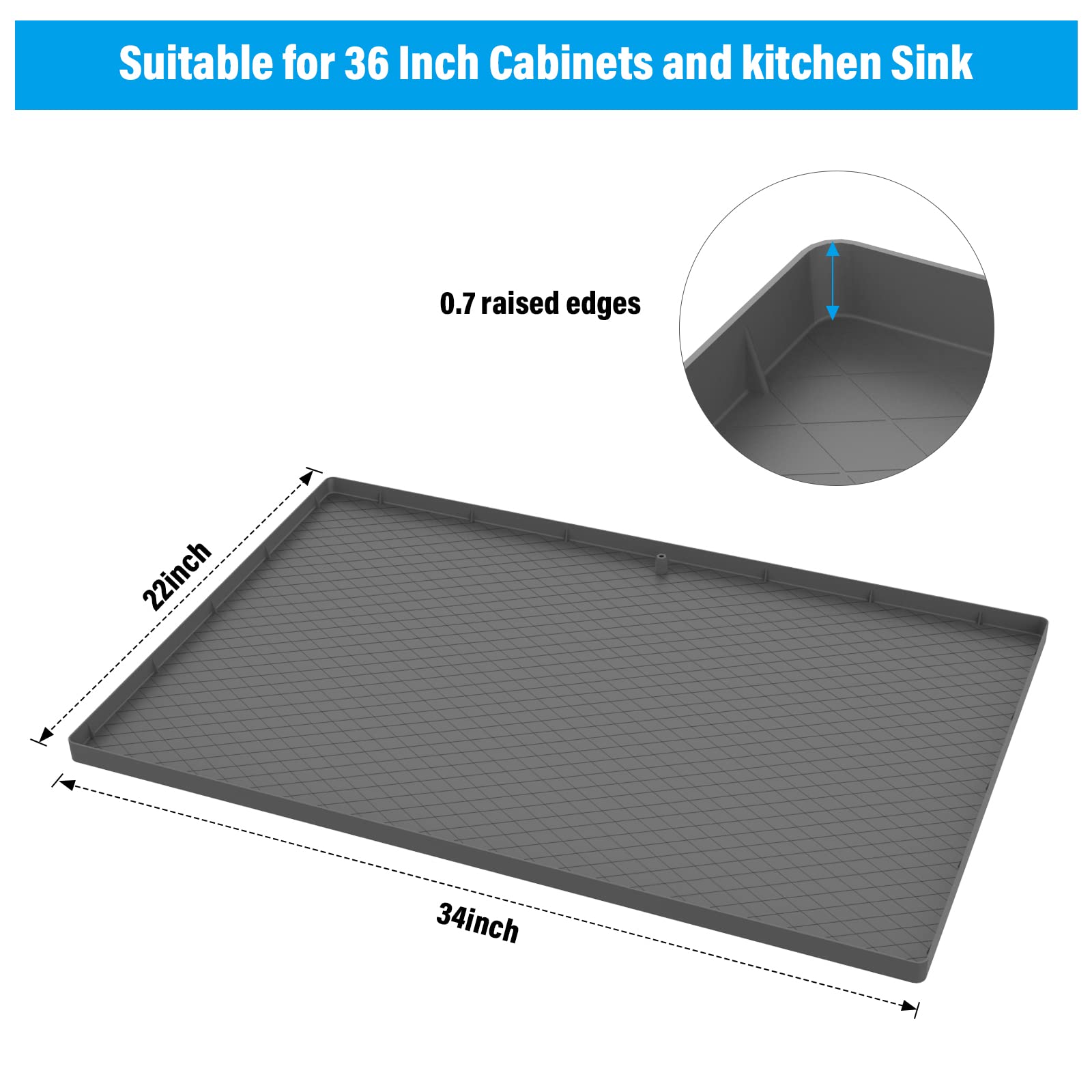Bonnary Under Sink Mat for Kitchen Waterproof 34" x 22", Flexible Silicone Under Sink Liner with Drain Hole, Kitchen Bathroom Sink Cabinet Protection Mat Drips Leaks Spills Tray (Grey)