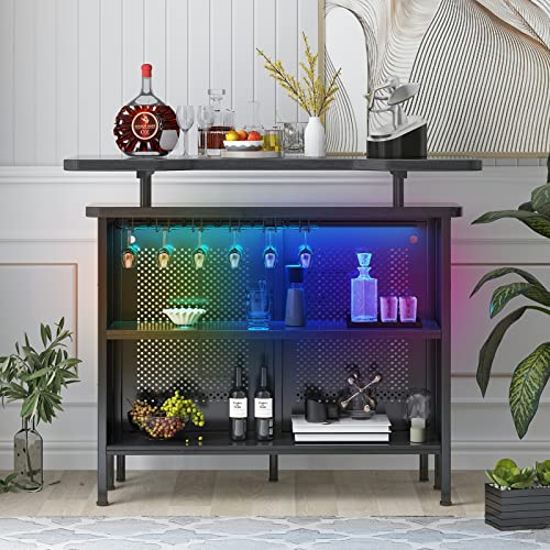 Mjkone Wine Bar Cabinet with LED Lights by Remote Control, Coffee Bar Cabinet for Liquor and Glasses, Home Bar Unit with Wine Rack, Mini Bars with Storage (Black)