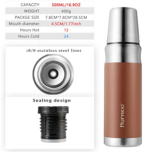 Murmioo travel vacuum flask,stainless steel insulated bottle, built-in cap cup, cold for 24 hours, heat for 12 hours, BPA Free leak proof, sweat free 17oz/500ml Brown