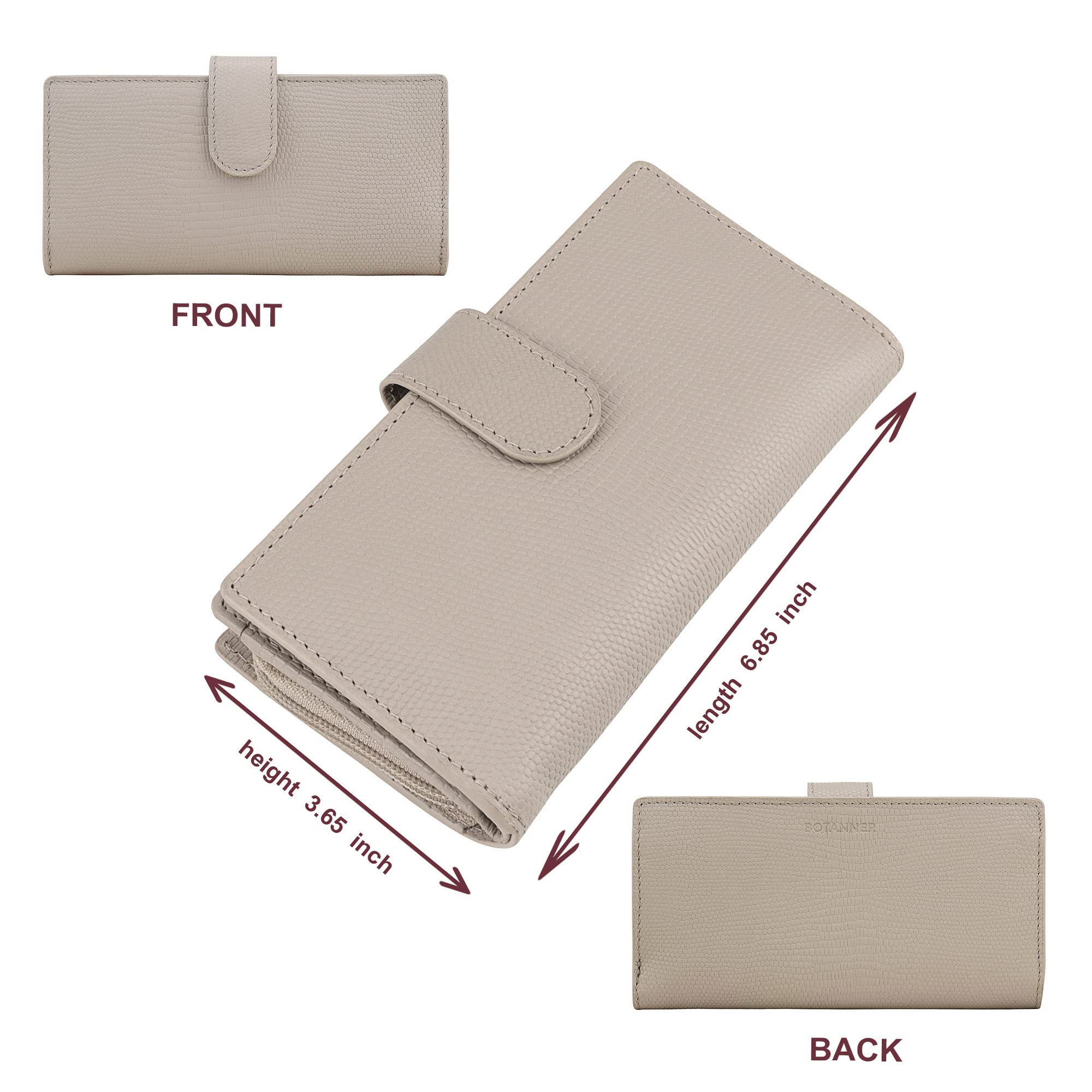 BOTANNER Genuine Leather Womens Clutch Wallet with Tab RFID Blocking 14 Credit Card Slots 2 ID Windows 4 Bills Sections Zipped Section for Coins | Light Grey (Gift for Her)