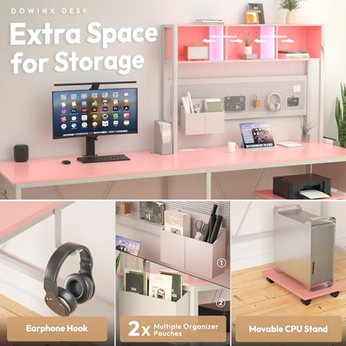 Dowinx L Shaped Gaming Desk with Pegboard and Removable Filing Cabinet, Reversible 67β Computer Gaming Desk with Power Outlet and Led, Office Corner Desk with Storage for Home Game, Pink