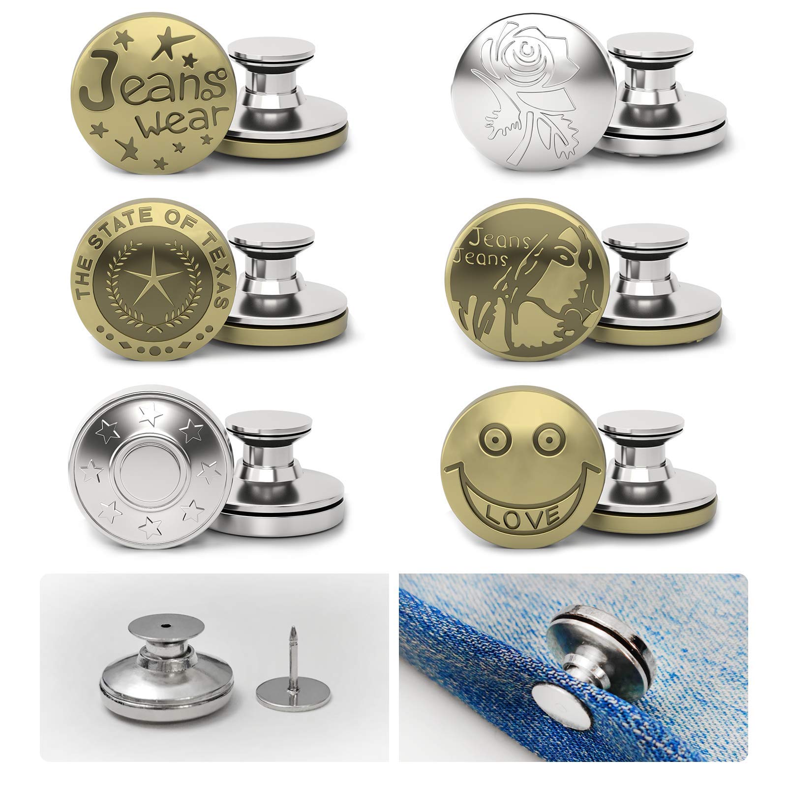 Button Pins for Jeans, 6 Sets 17mm Flat Back Design Adjustable Removable Instant Pants Metal Buckle for Swing Crafts DIY