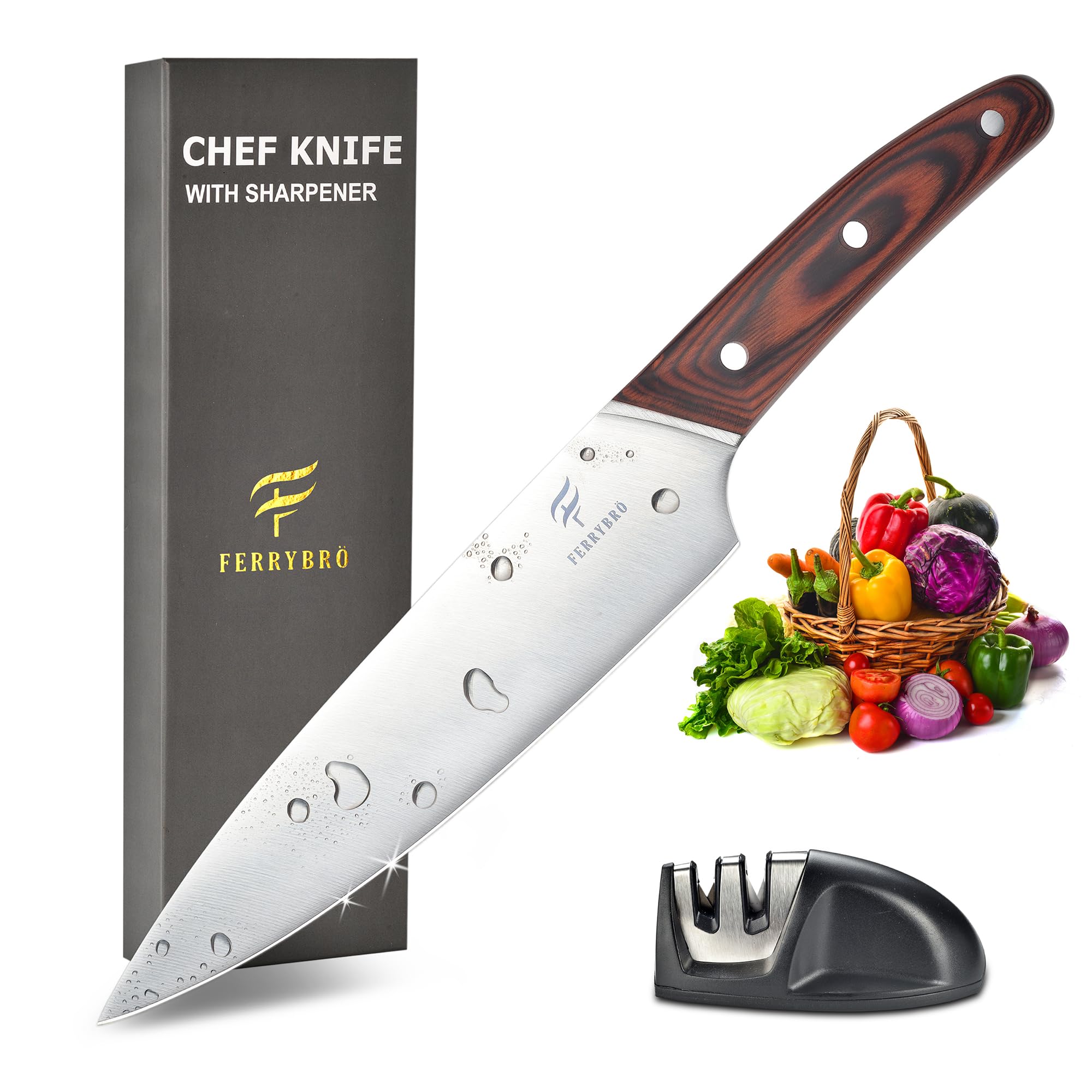 FERRYBRÖ Professional Chef Knife Set, Ultra Sharp German High Carbon Stainless Steel Blade, Kitchen Knife Set with Ergonomic Handle, 3Pcs Chefs Knives 1Pcs Sharpener(4Pcs Chef's Knife Set)