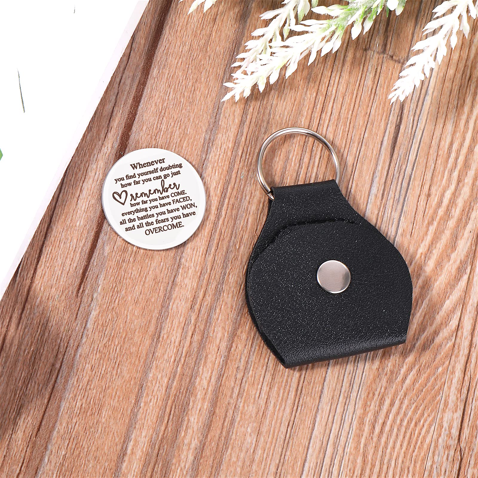 cobee Pocket Hug Token, Encouragement Long Distance Relationship Keepsake Stainless Stell Double Sided Inspirational Pocket Hug Token Gift with Leather Keychains for Family, Friends, Lovers(Style-A)
