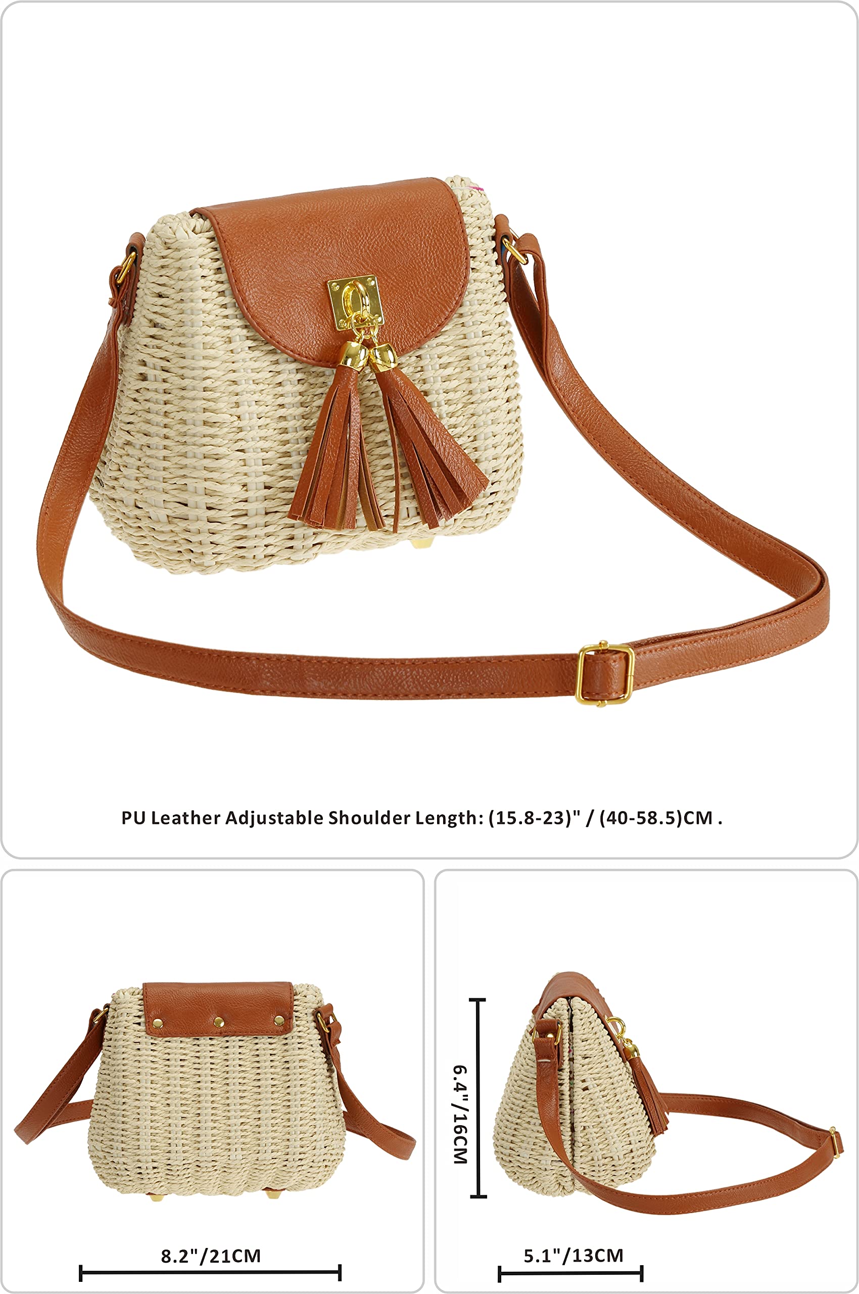 So'each Women's Handmade Wicker Woven Purse Tassels Message Crossbody Bag