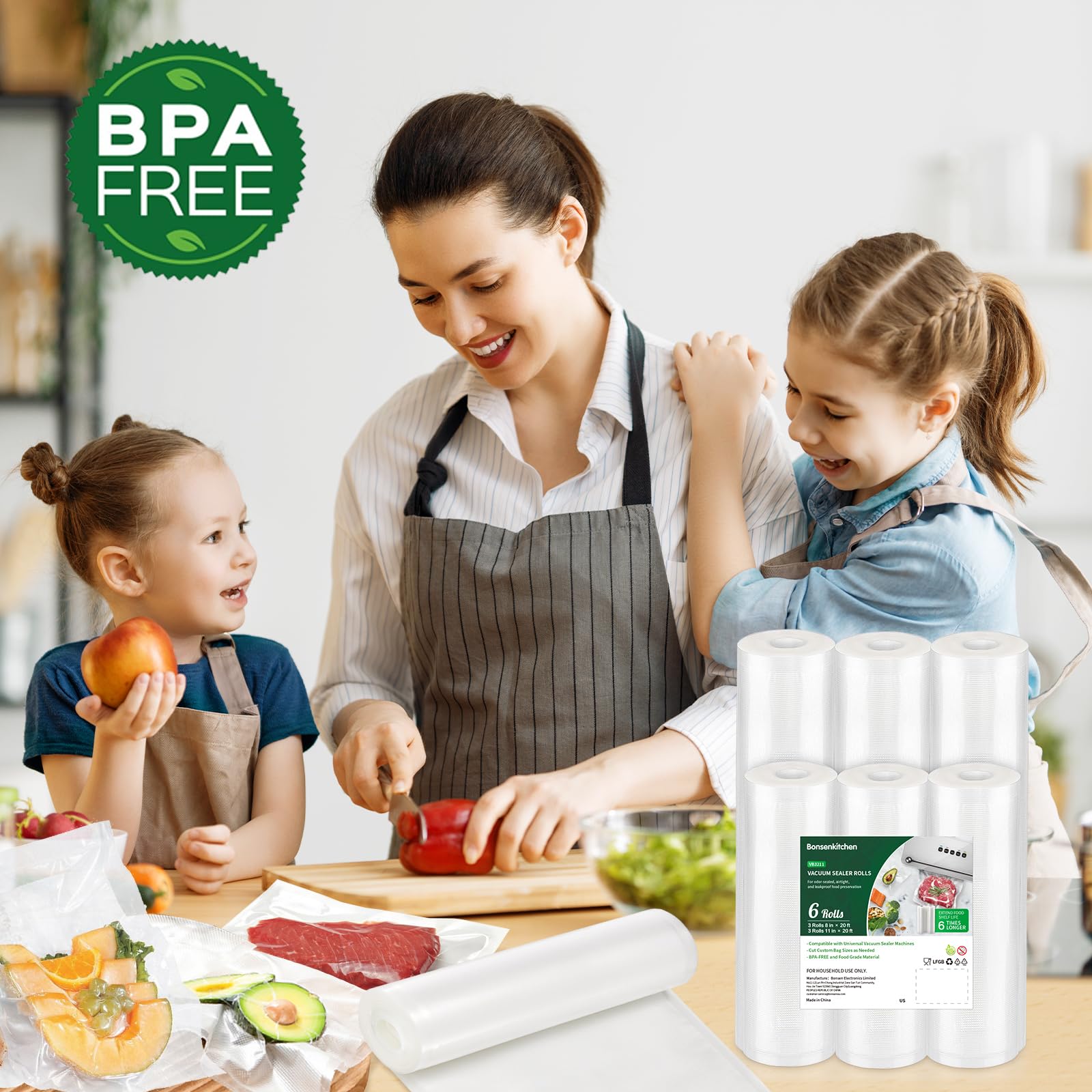 Bonsenkitchen Vacuum Sealer Rolls Bags, 6 Pack 11" x 20' 3 Rolls +8" x 20' 3 Rolls Storage Bags, BPA Free, Durable Commercial Customized Size Food Bags for Food Storage and Sous Vide Cooking VB3211