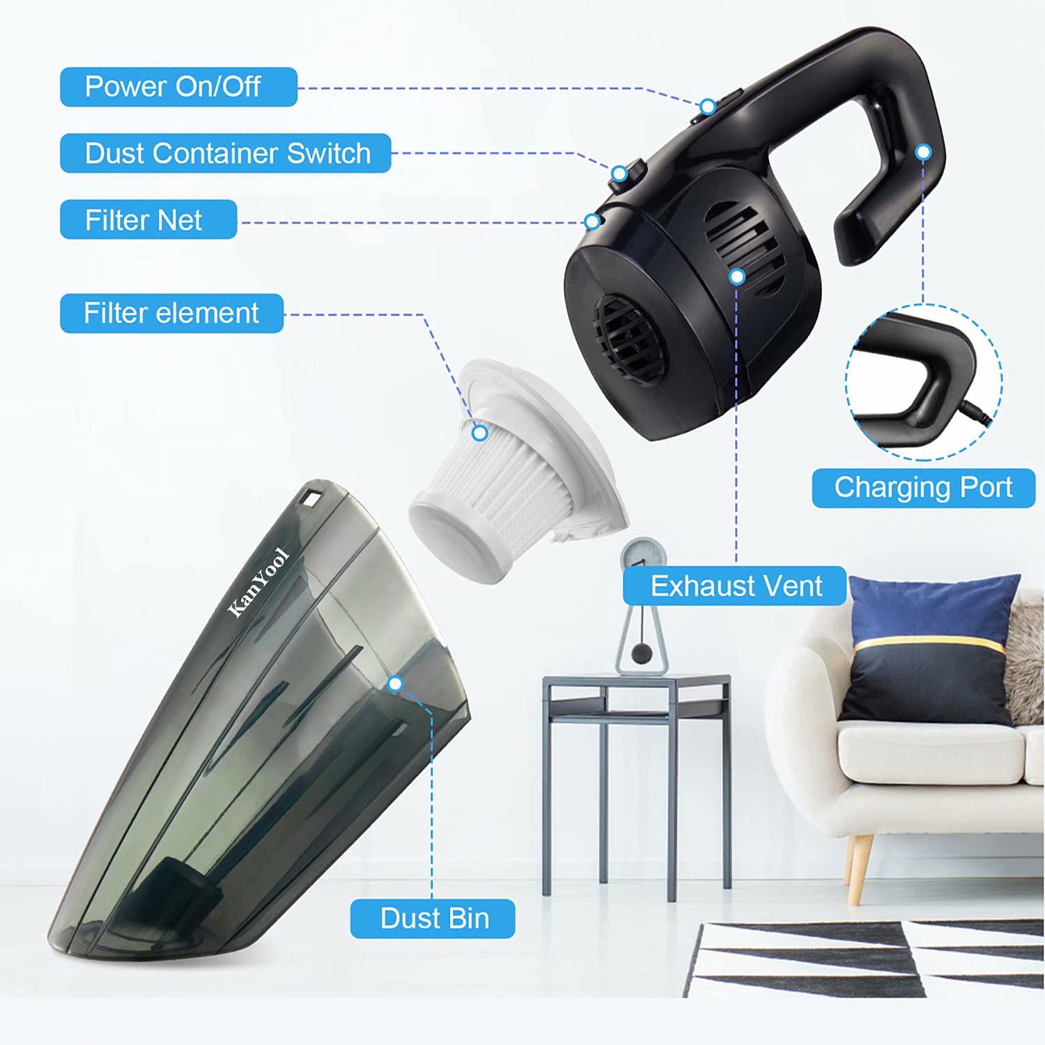 Car Vacuum Cleaner, Cordless Handheld Vacuum Cleaner, Small Portable Cordless Rechargeable Handheld Vacuum Cleaner for Home and Car Cleaning