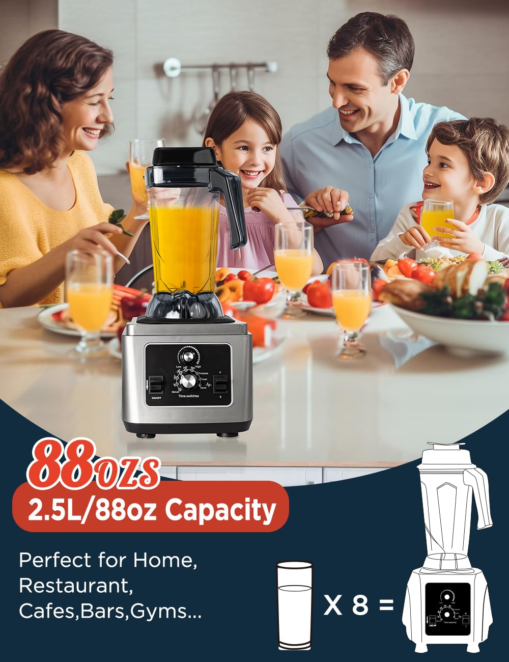 Cavlhils Commercial Blender for Kitchen, 2200W Professional-Grade Power Blender with Soundproof Cover, Electric Variable Speed Processor for Shakes and Smoothies, 88 oz Container & 48000 RPM