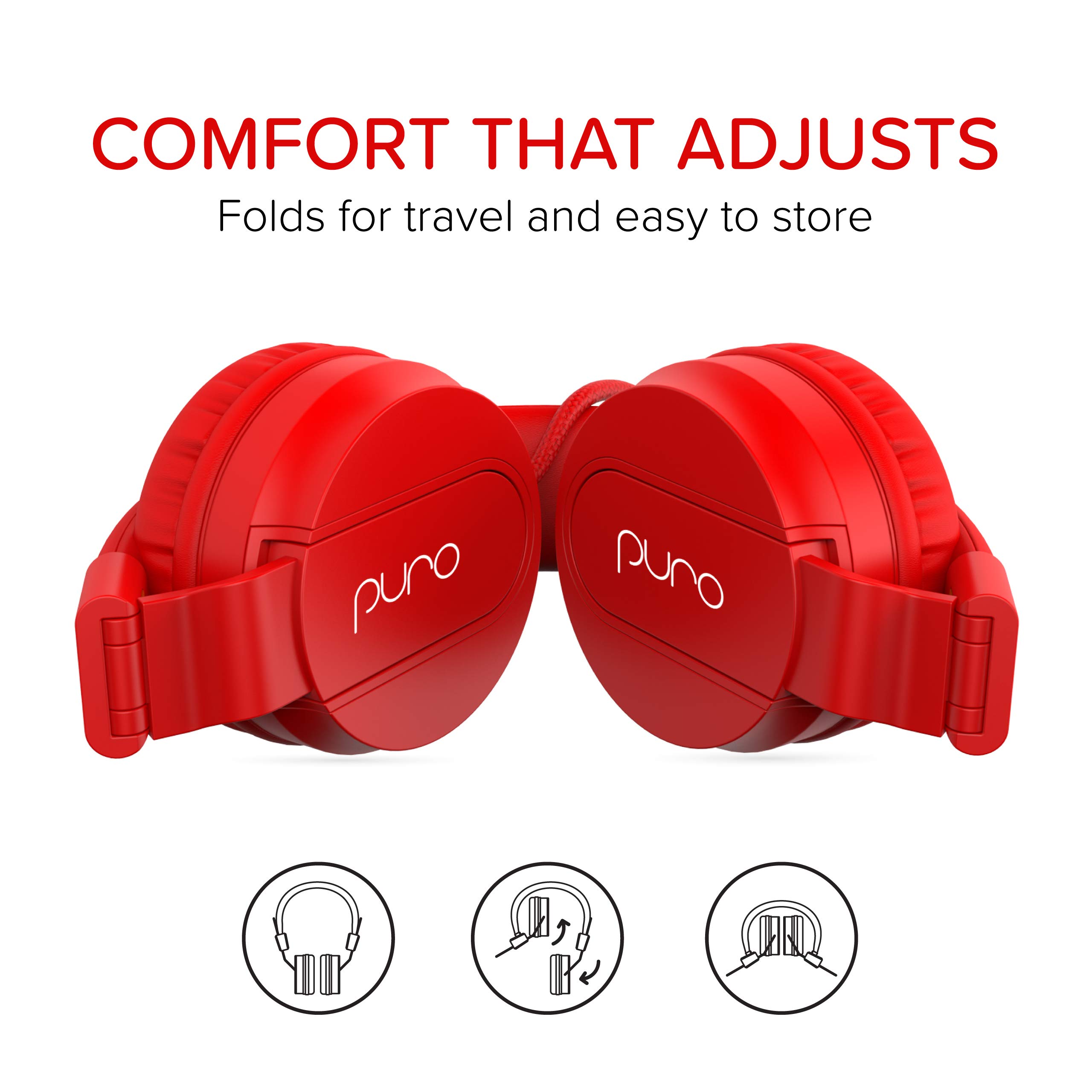 Puro Sound Labs PuroBasic Volume Limiting Wired Headphones for Kids, Foldable & Adjustable Headband w/Microphone, Compatible with Smartphones, Tablets and PC’s –Red