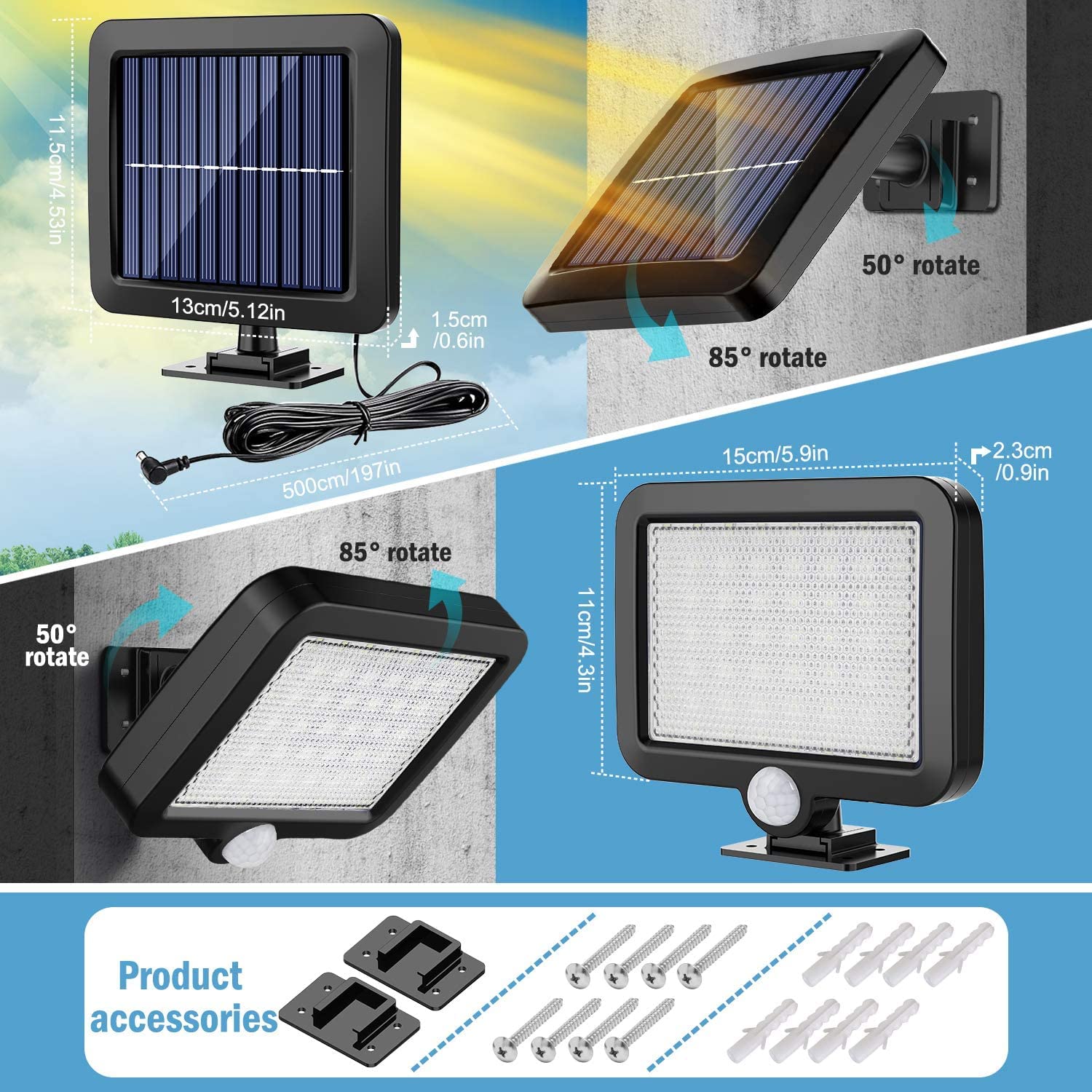 MPJ Solar Light Outdoor, 56 LED Solar Light Outside with Motion Detector, IP65 Waterproof, 120° Lighting Angle, Solar Wall Light for Garden with 16.5ft Cable