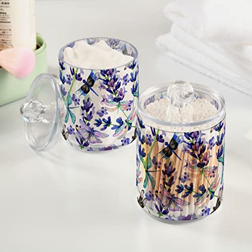 MNSRUU 2 Pack Qtip Holder Organizer Dispenser Dragonfly Lavender Bathroom Storage Canister Cotton Ball Holder Bathroom Containers for Cotton Swabs/Pads/Floss