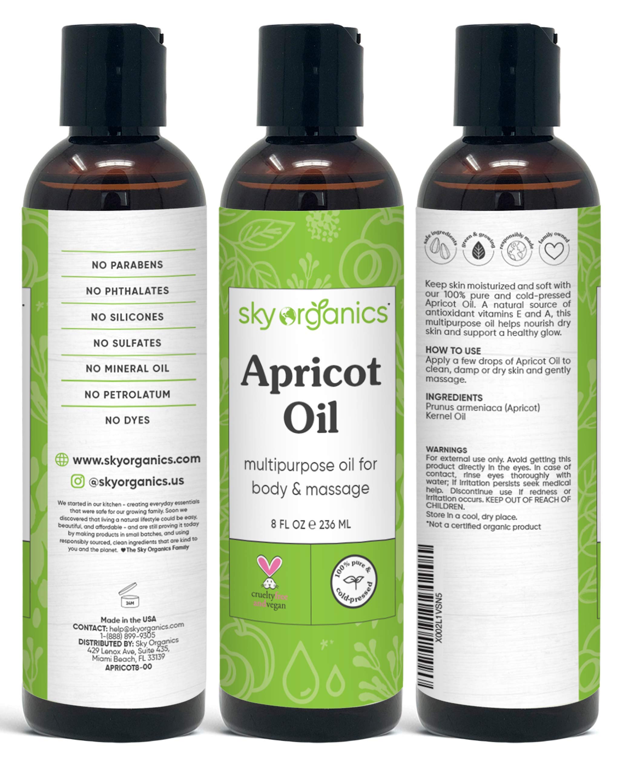 Sky Organics Apricot Oil for Body, 100% Pure & Cold-Pressed to Moisturize, Soften & Nourish, 8 fl. Oz