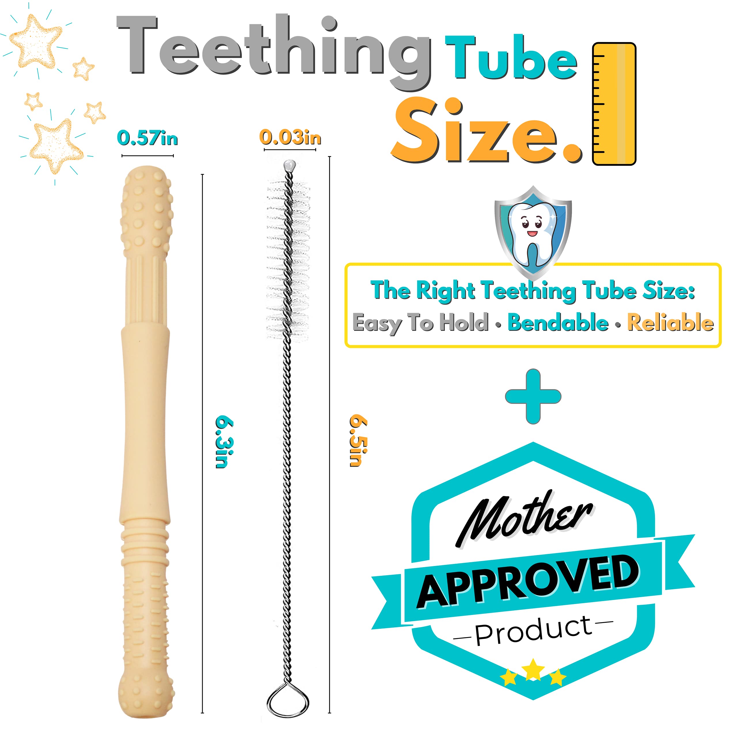 Soft Hallow Silicone Teething Tubes for Babies, (4 Pack) Baby Teether Tubes Includes Cleaning Brush, Soothing Teether & Flexible Teething Stick Toy for Infants & Toddlers, 100% Safe for Girls & Boys