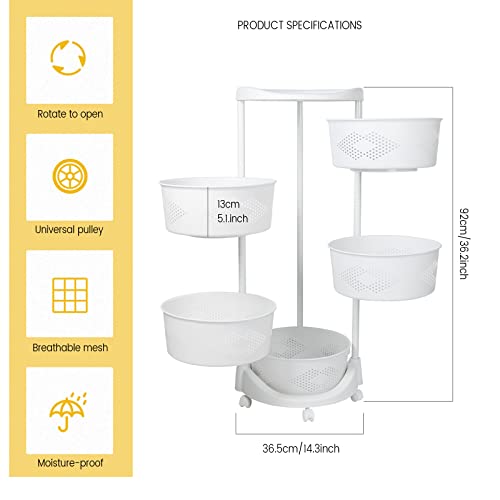 JELLYRATTBIT 5 Tier Fruit Vegetable Storage Basket, Multi-Layer Rotating Storage Shelf with Wheels, Floor-Standing Storage Rack for Kitchen Living Room Bedroom Bathroom, White