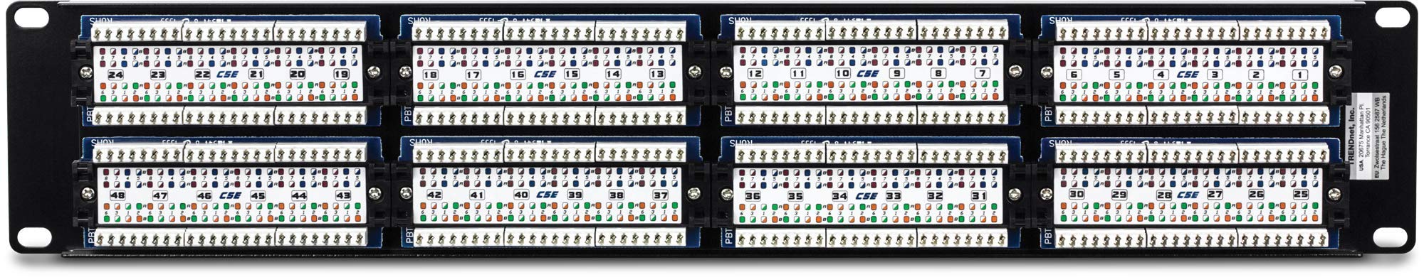TRENDnet 48-Port Cat5/5e Unshielded Patch Panel, TC-P48C5E, 2U 19 inch Rackmount Design or Wall Mount, Cable Management, NDAA Compliant, 48 x Gigabit RJ-45 Ports
