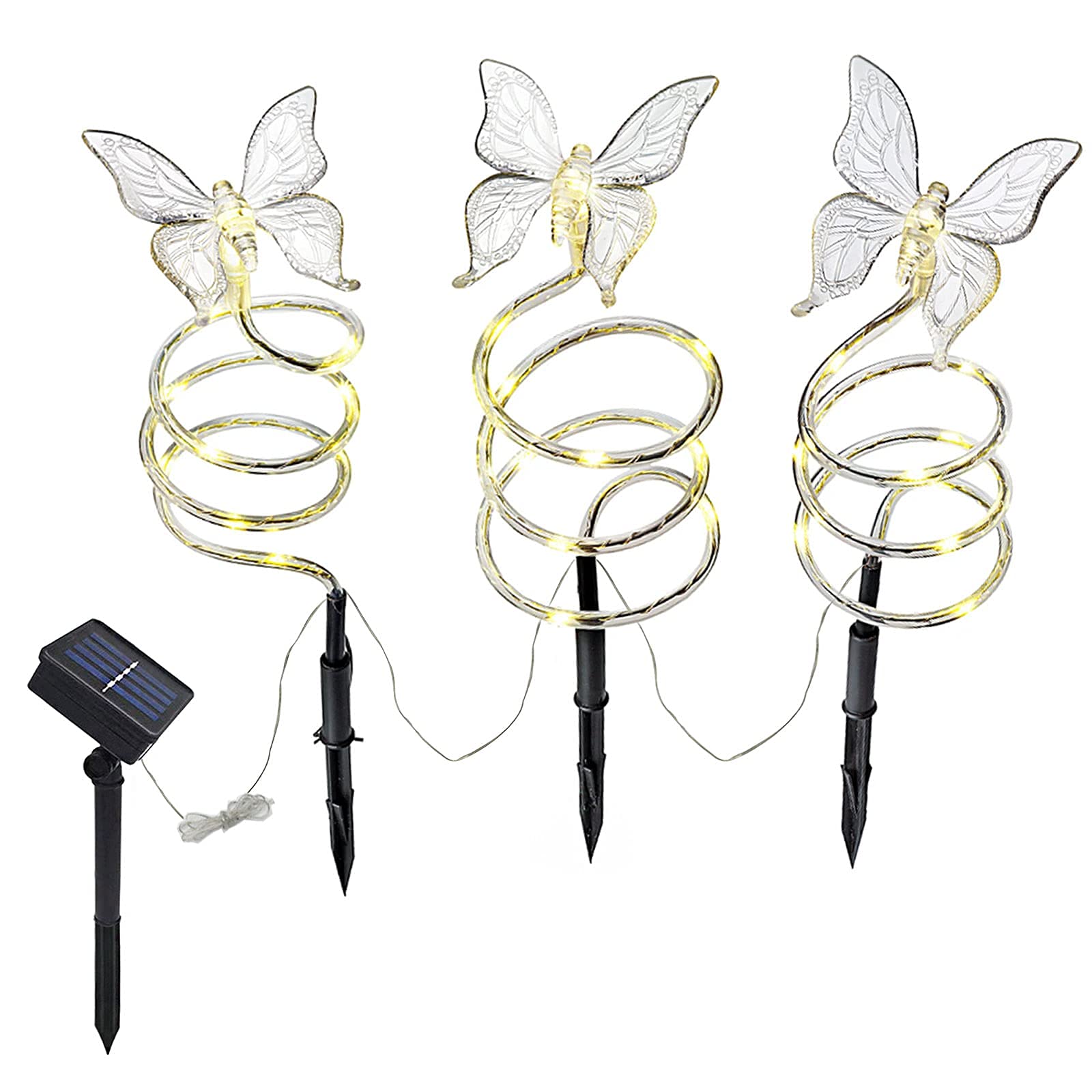 Solar Butterfly Garden Stake Lights Set of 3, Solar Powered 45 LED Spiral Tree Butterfly Figurines Decorative Landscape Lighting with 8 Lighting Modes for Path, Yard, Lawn, Halloween, Christmas