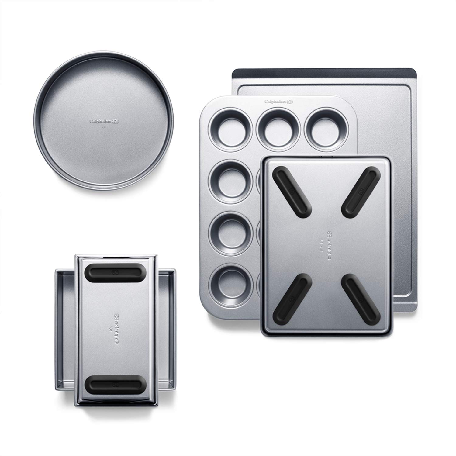 Calphalon Nonstick Bakeware Set, 6-Piece Set Includes Cookie Sheet, Cake, Brownie, Loaf, and Muffin Pans, Dishwasher Safe, Silver